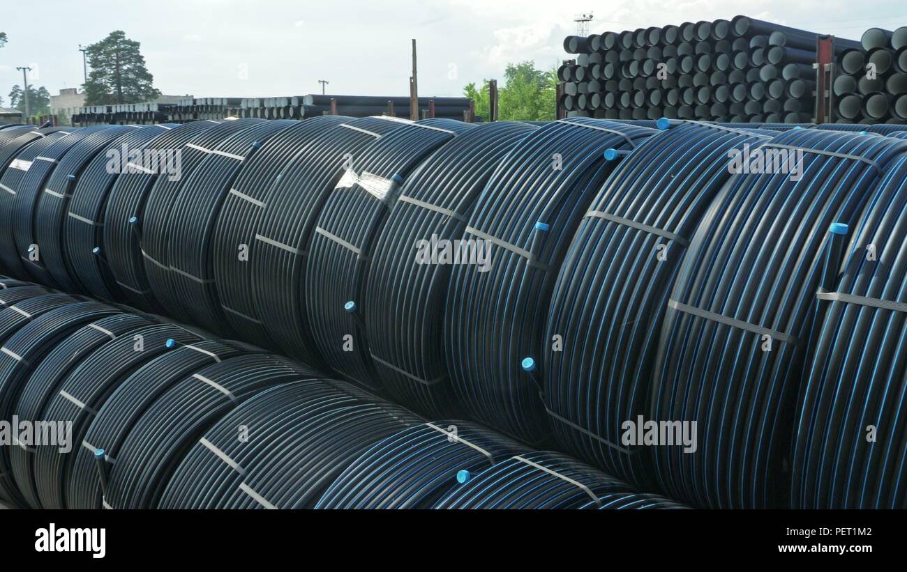 Warehouse of finished plastic pipes industrial outdoors storage site ...