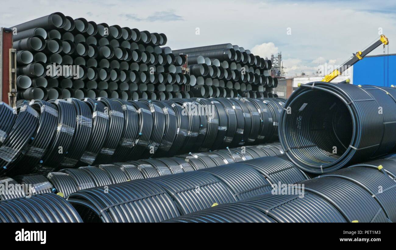 Warehouse of finished plastic pipes industrial outdoors storage site ...