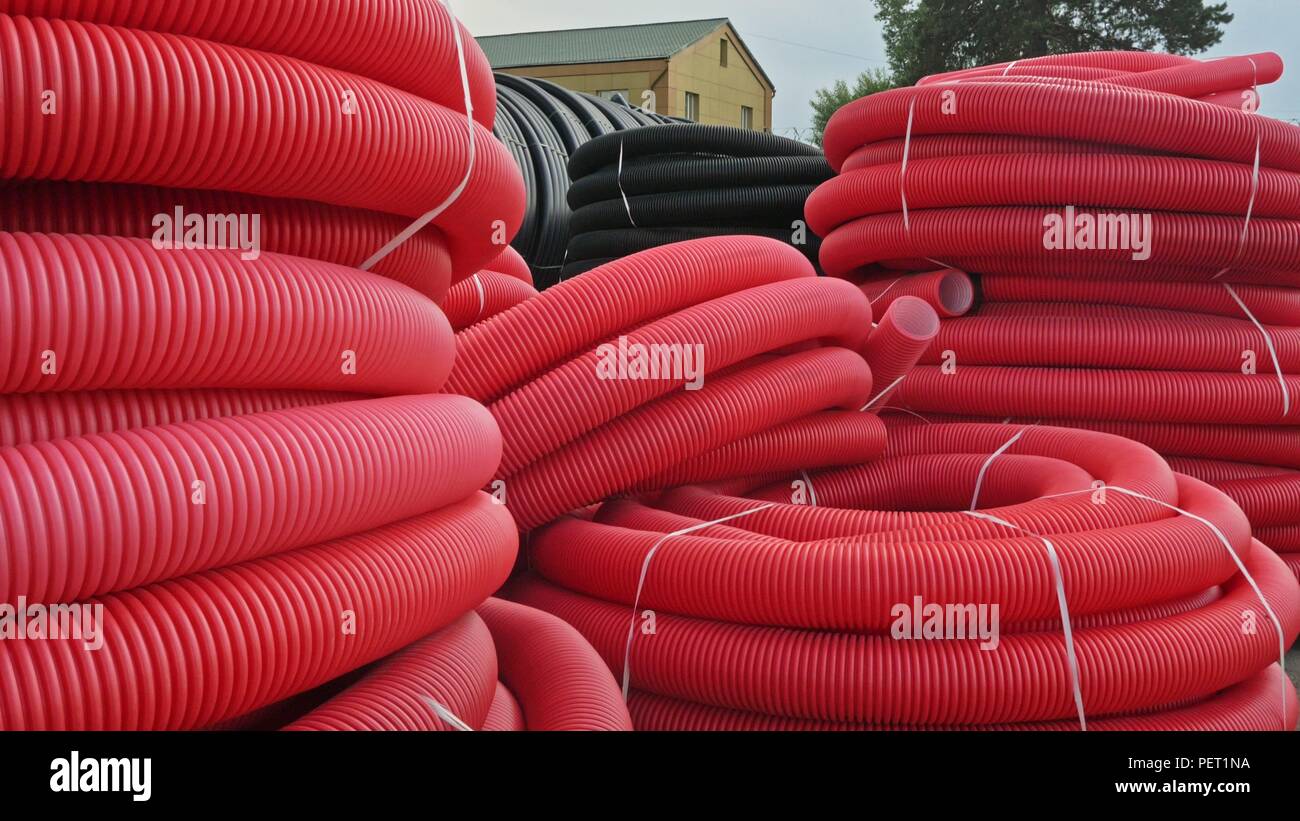 Warehouse of finished plastic pipes industrial outdoors storage site ...