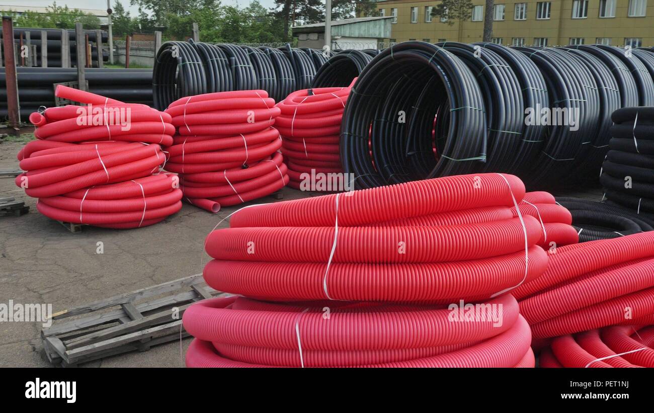 Warehouse of finished plastic pipes industrial outdoors storage site ...