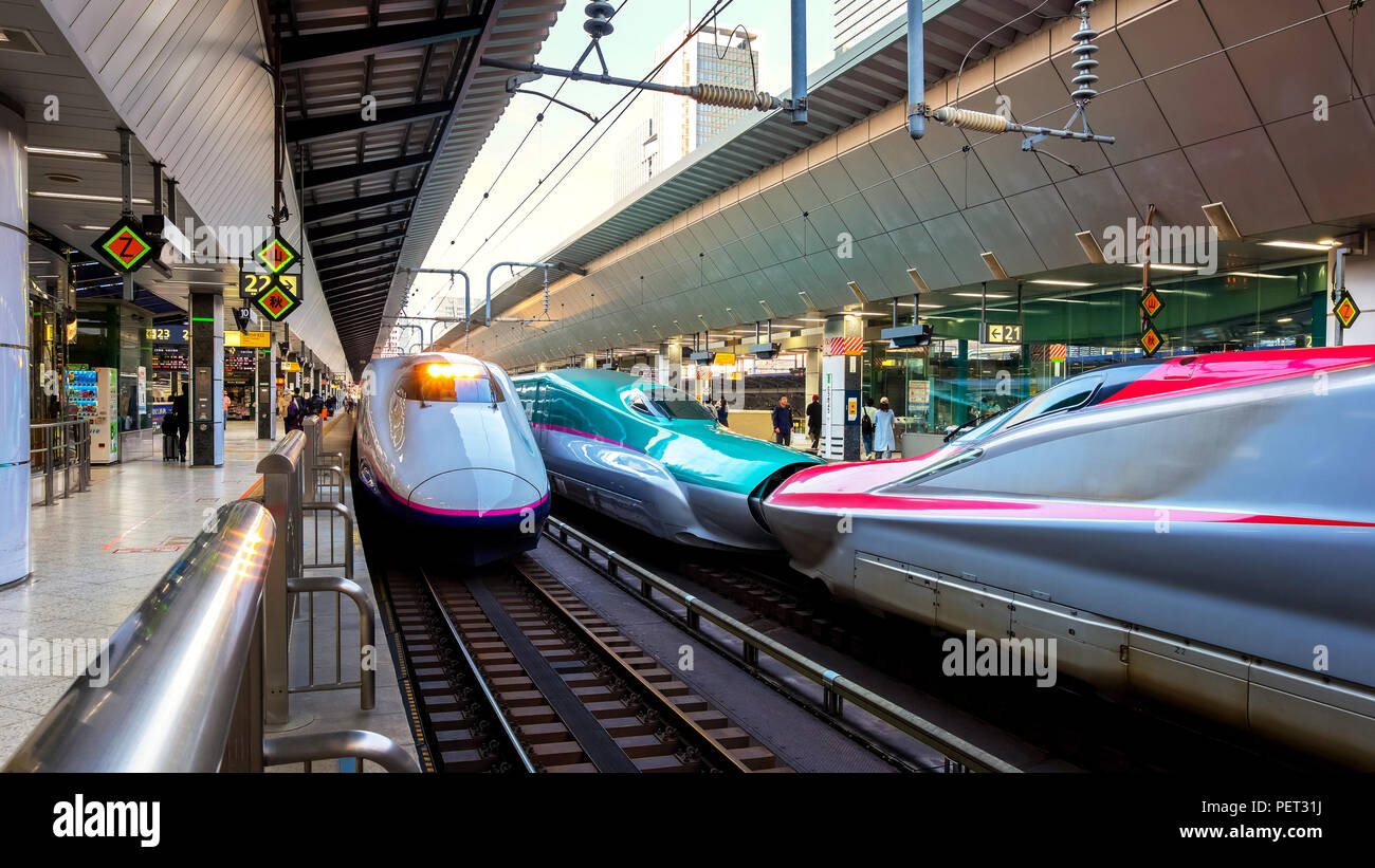 TOKYO, JAPAN - APRIL 21 2018: Japanese Shinkansen high speed train Hayabusa (left) and Komachi ...
