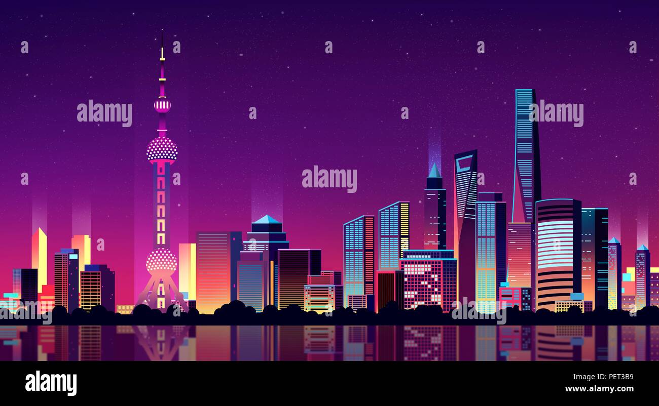 Vector - Urban City Nightscape. illustration with neon glow and vivid ...