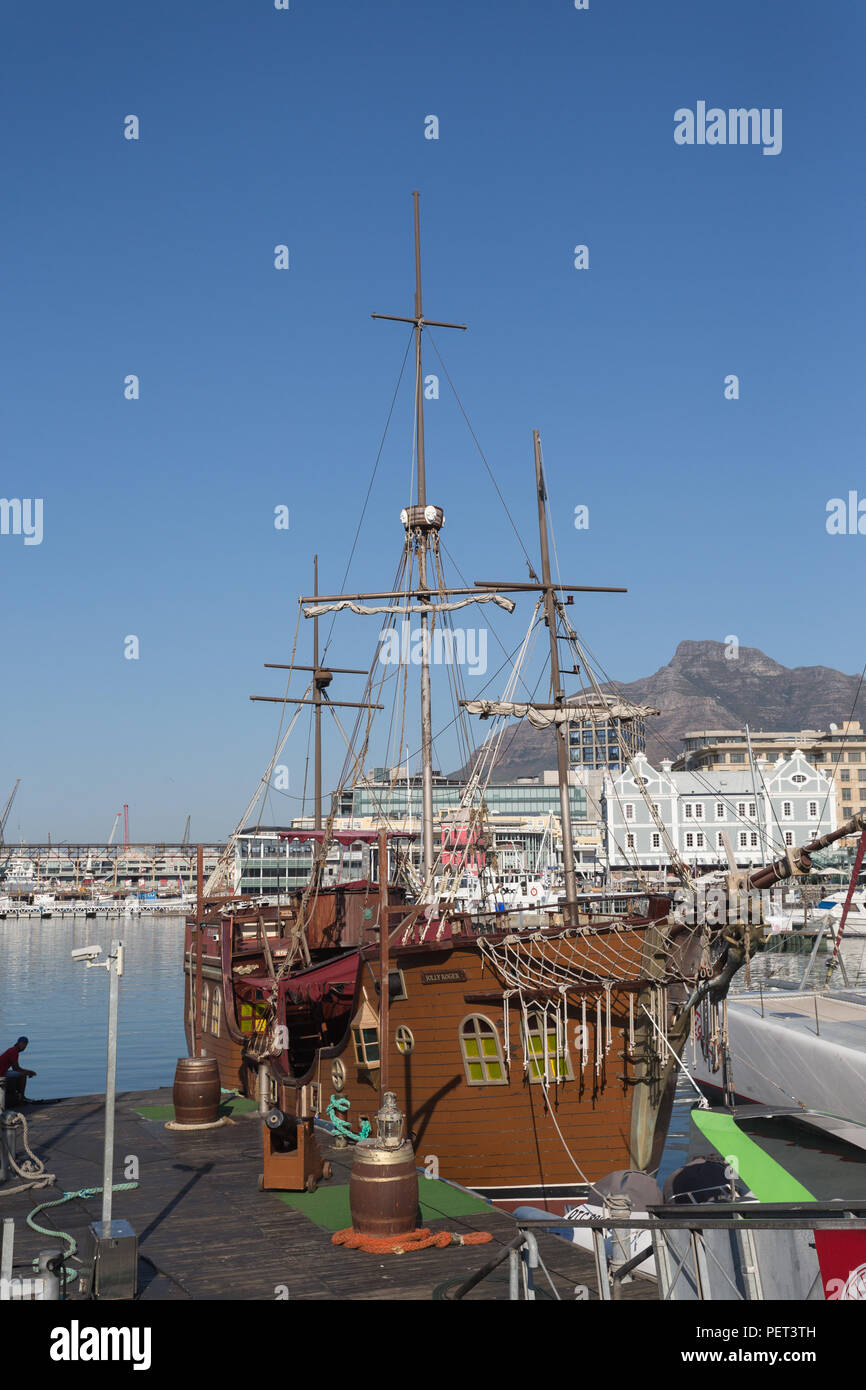 the jolly roger pirate boat moored at a jetty at V&A Waterfront, Cape ...