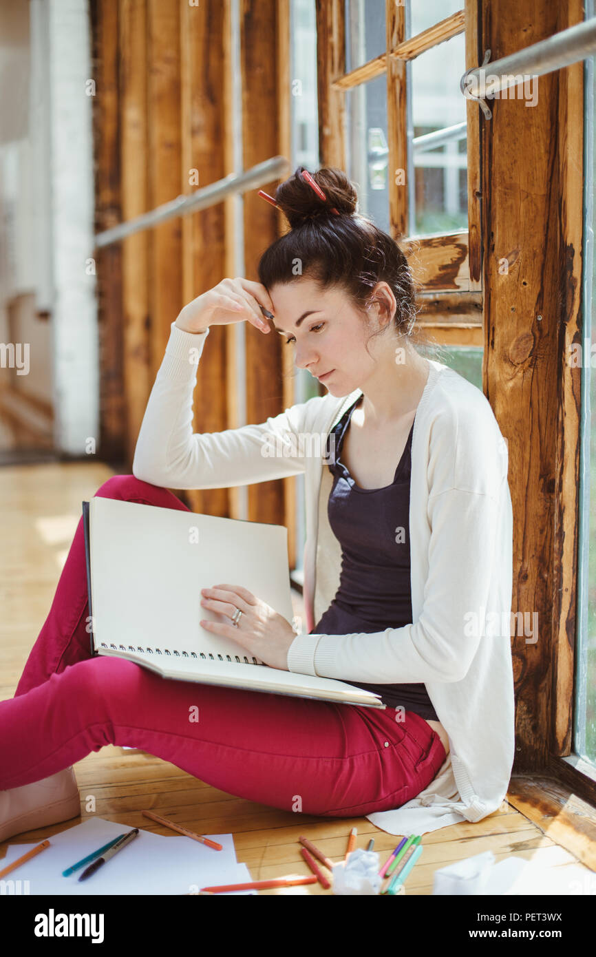 Portrait of beautiful white Caucasian young brunette woman student ...