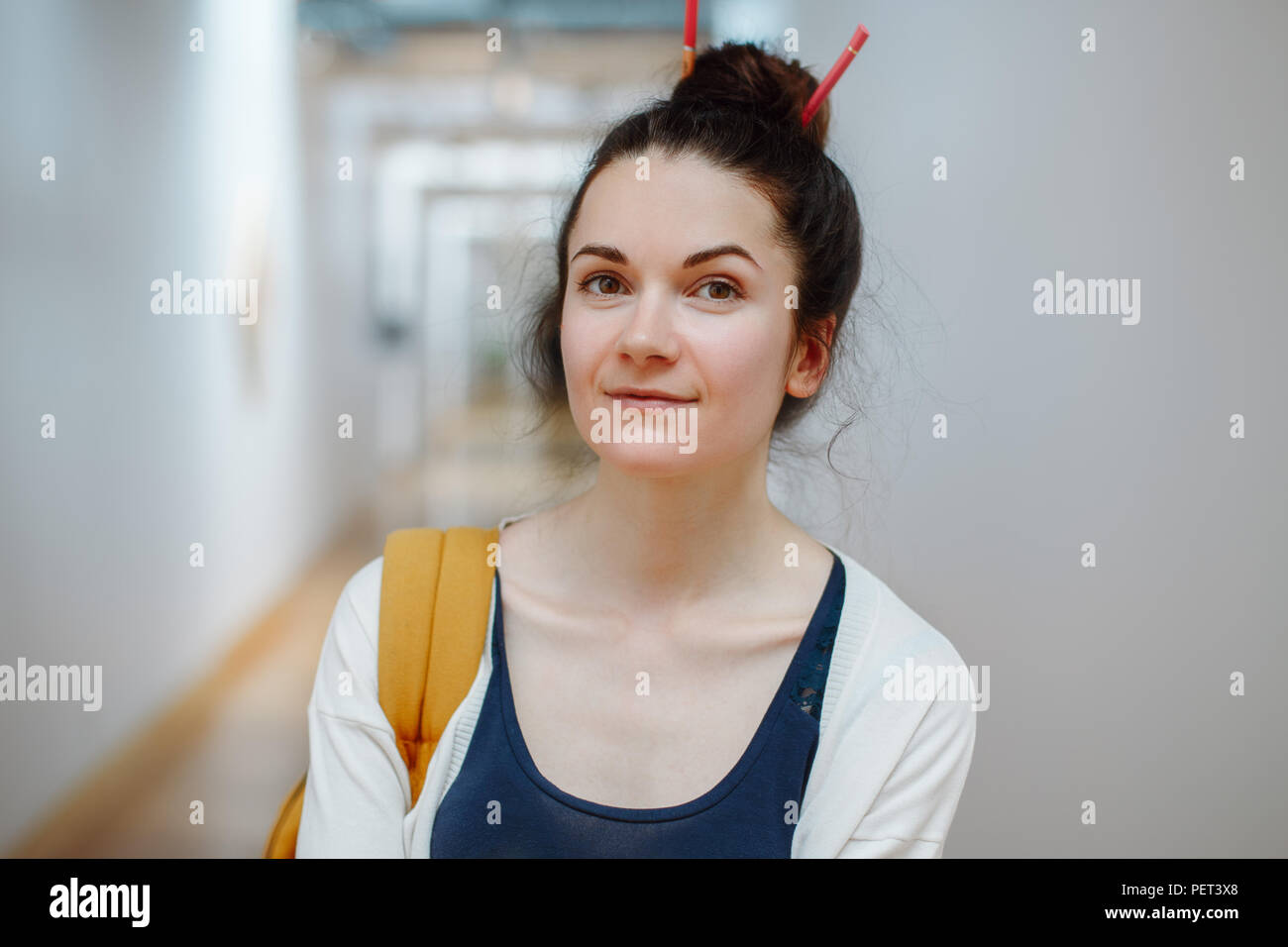 Portrait of smiling laughing white Caucasian brunette young beautiful ...