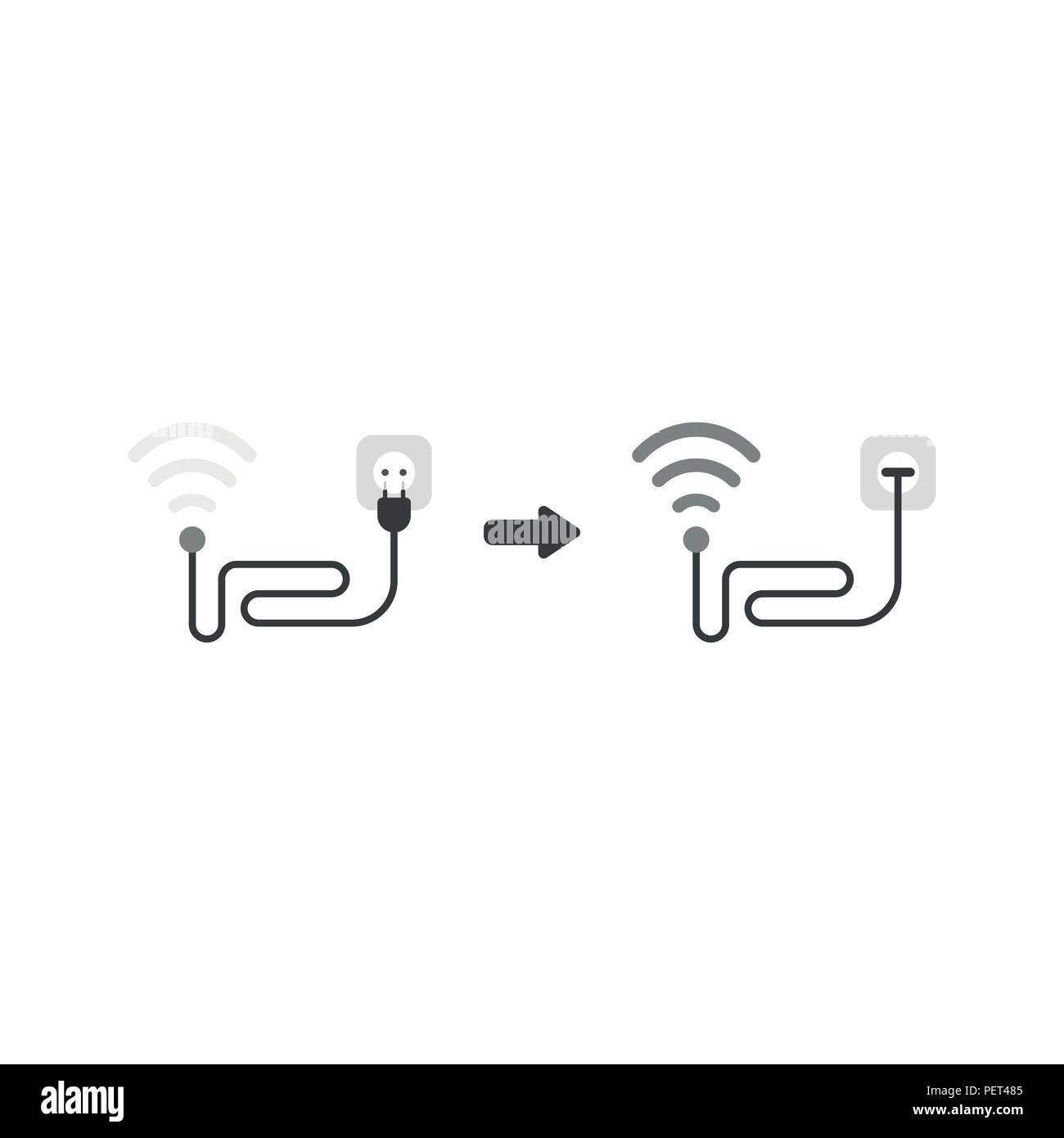 Vector illustration concept of grey wireless wifi symbol with cable and ...