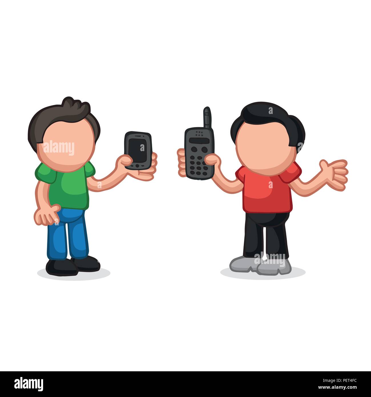 Vector hand-drawn cartoon illustration of two men show their new and ...