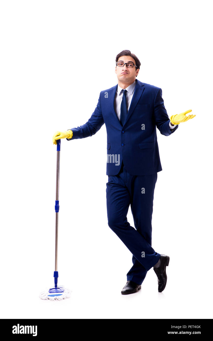 Handsome businessman with the mop isolated on white background Stock ...
