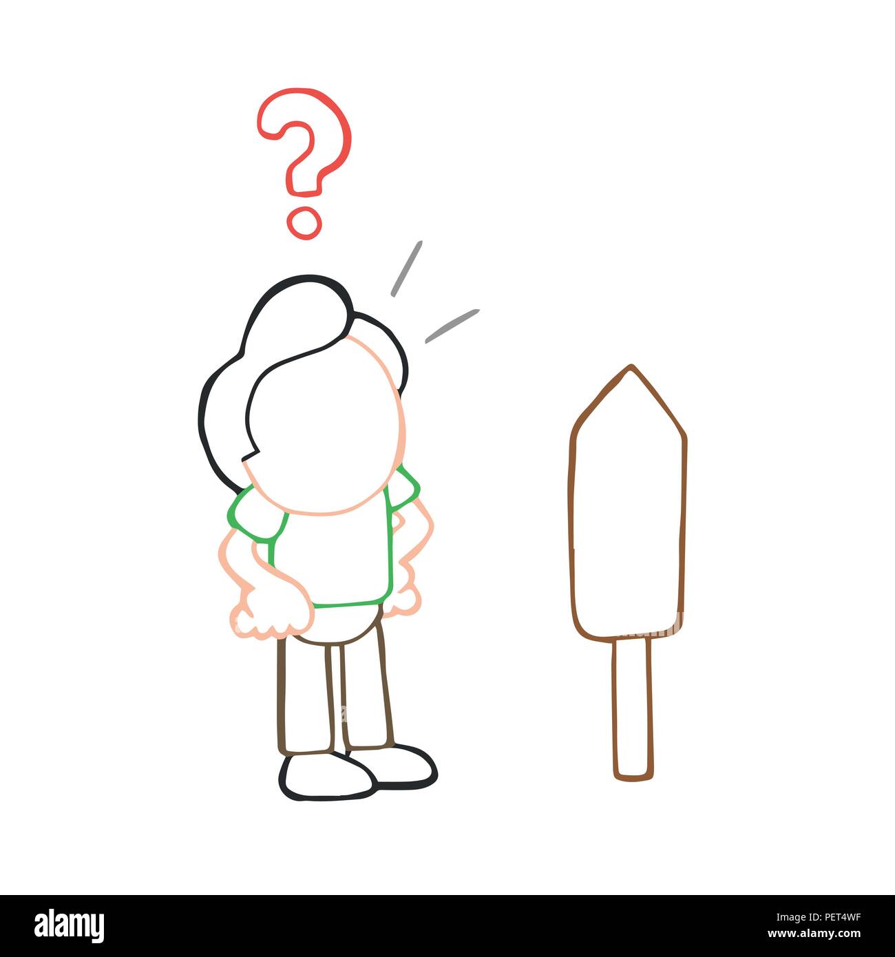 Vector hand-drawn cartoon illustration of confused man standing front ...