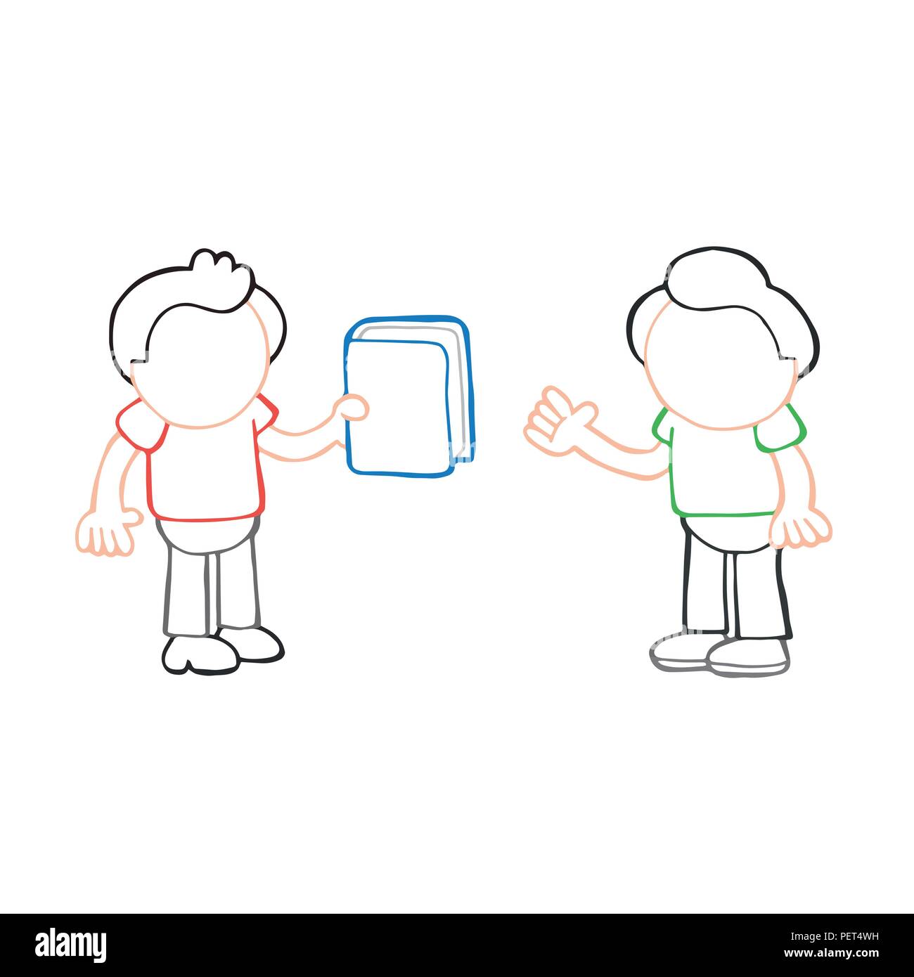 Vector hand-drawn cartoon illustration of man giving book to another ...