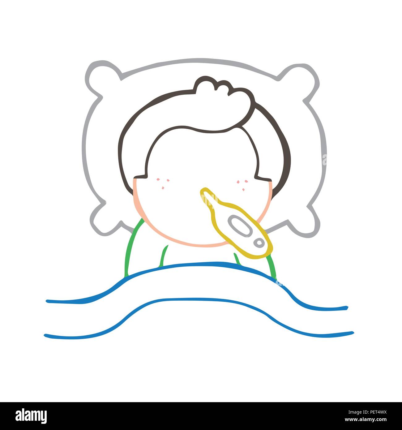 Vector hand-drawn cartoon illustration of man lying in bed sick with ...