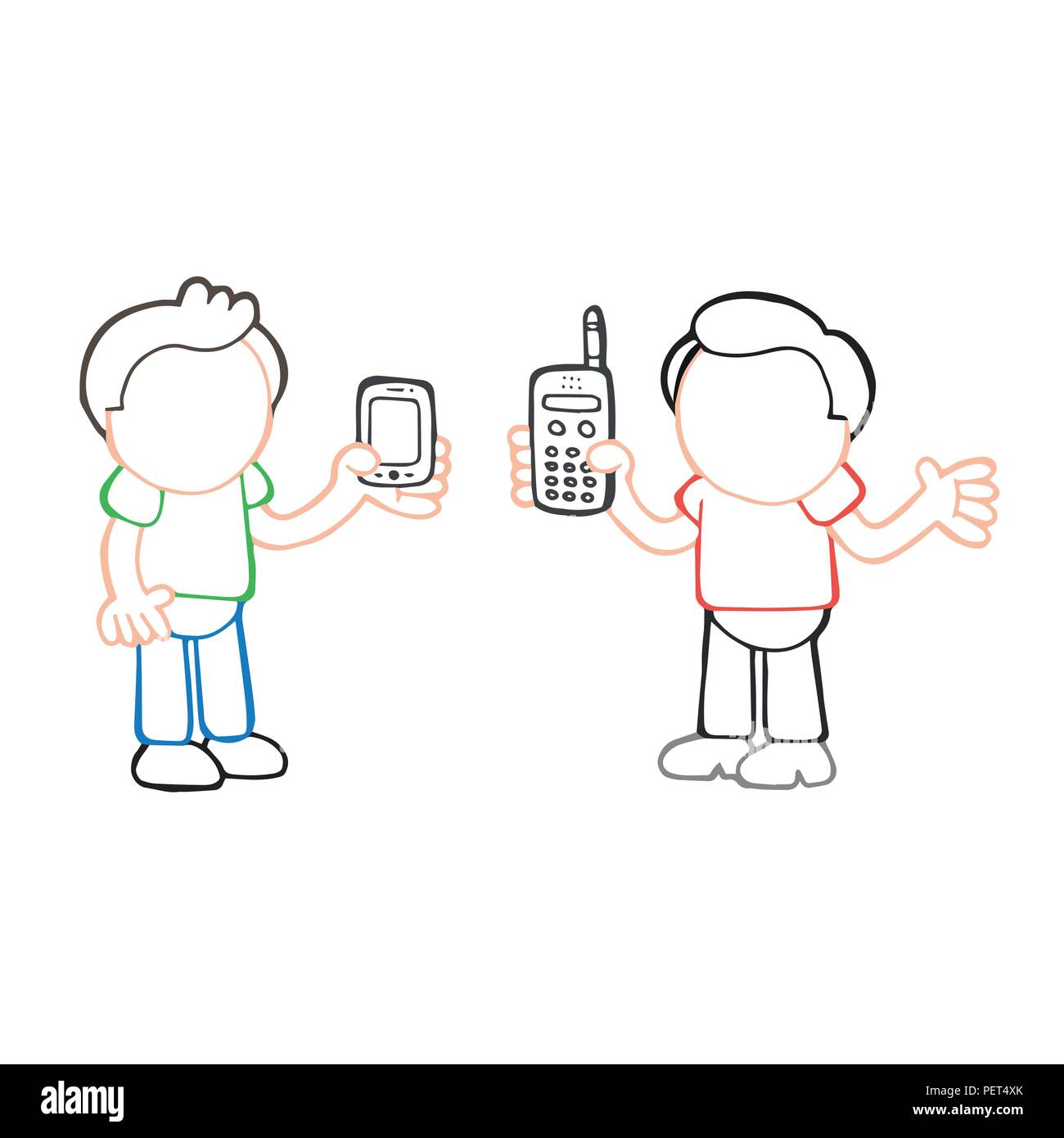 Vector hand-drawn cartoon illustration of two men show their new and ...