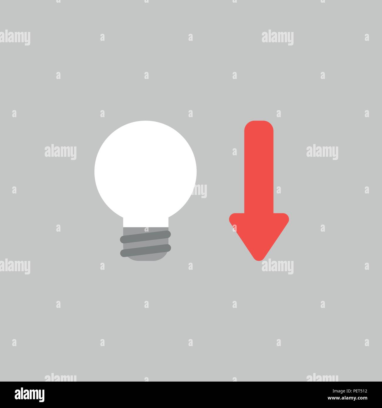 Flat vector icon concept of light bulb with arrow moving down on grey ...