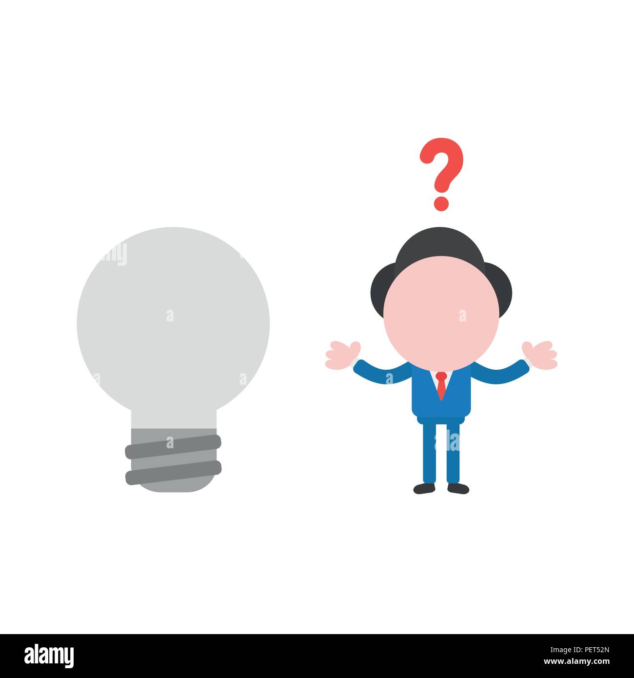 Vector illustration confused businessman character with grey light bulb ...