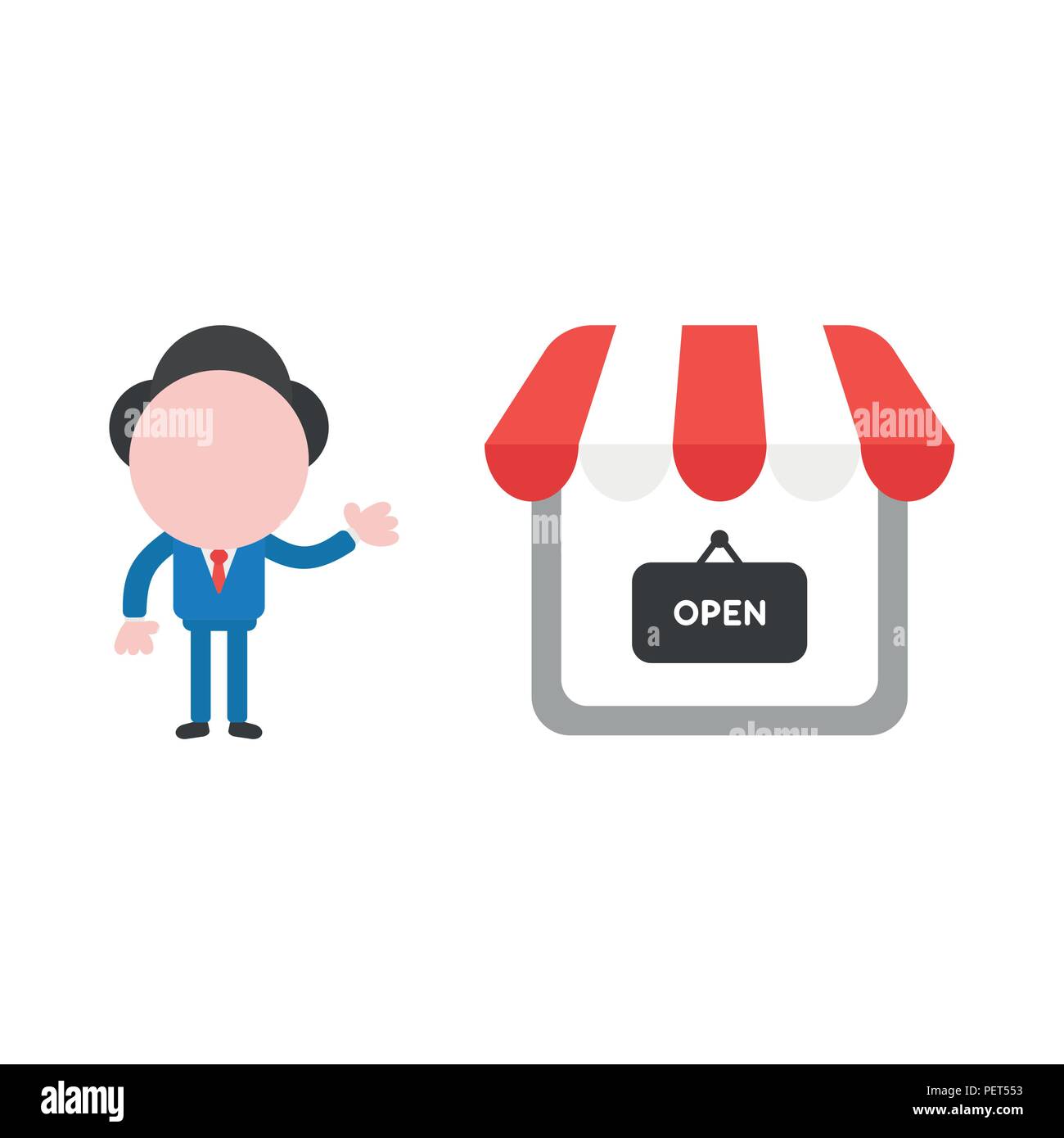Vector illustration businessman character showing shop store with ...