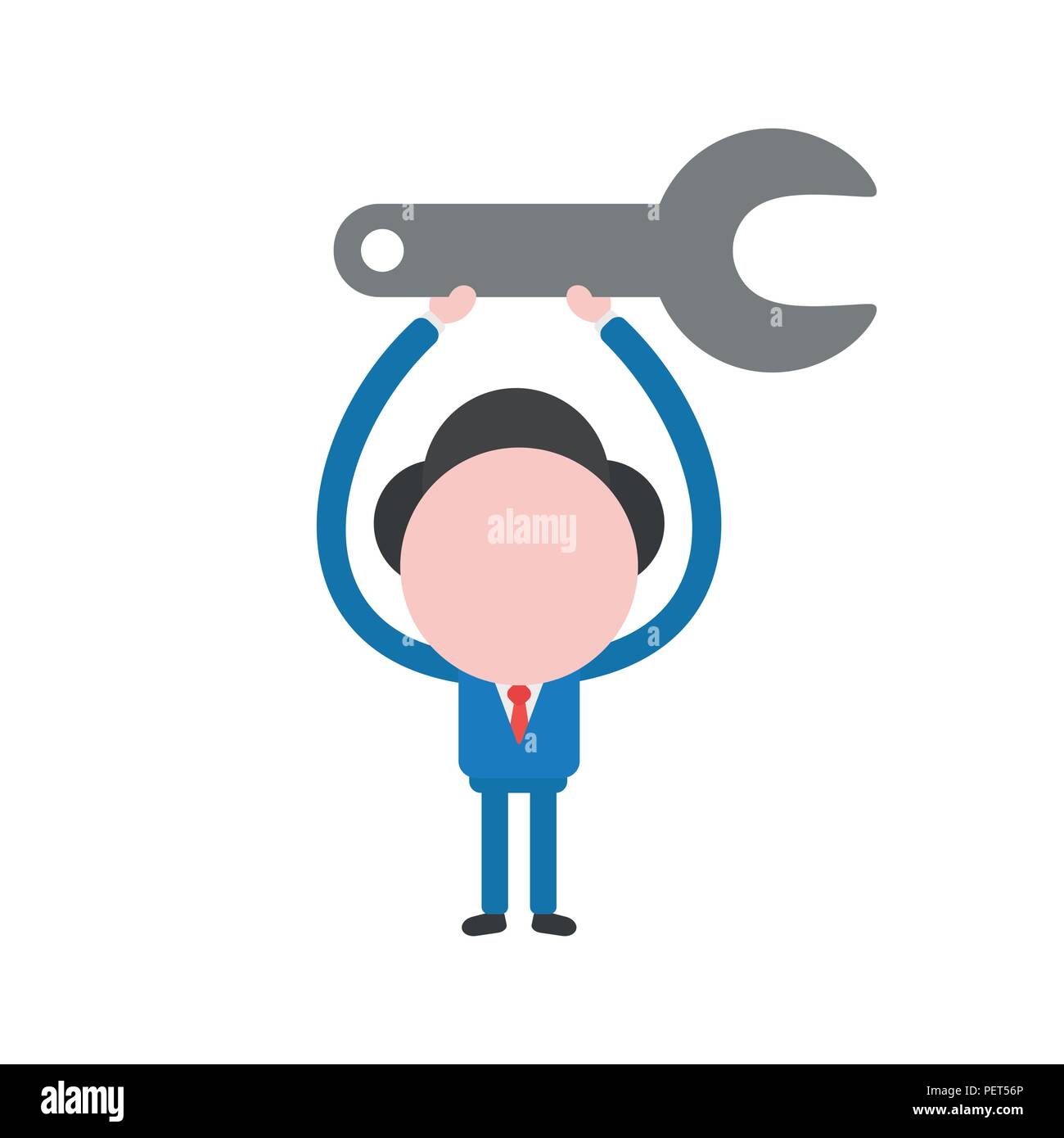 Vector illustration businessman character holding up grey spanner icon ...