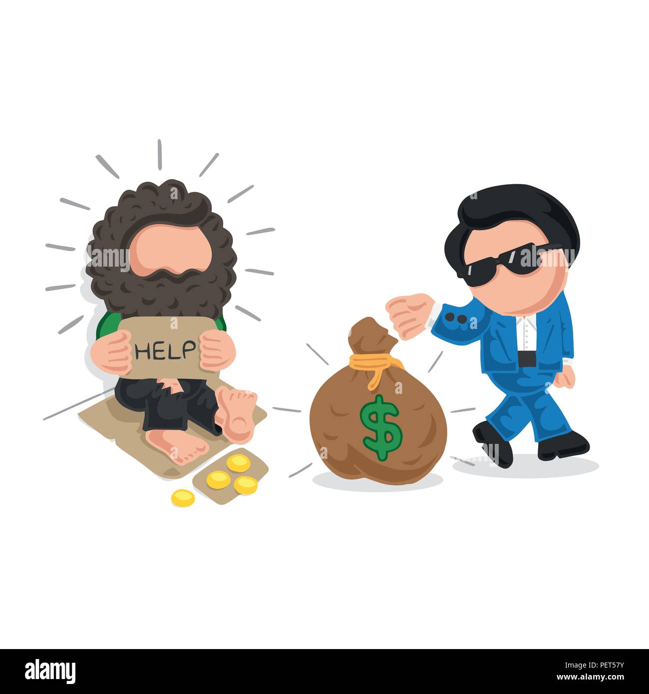 Vector hand-drawn cartoon illustration of rich man giving money bag to ...