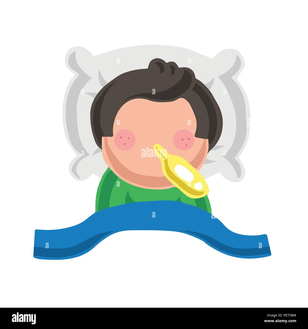 Vector hand-drawn cartoon illustration of man lying in bed sick with ...