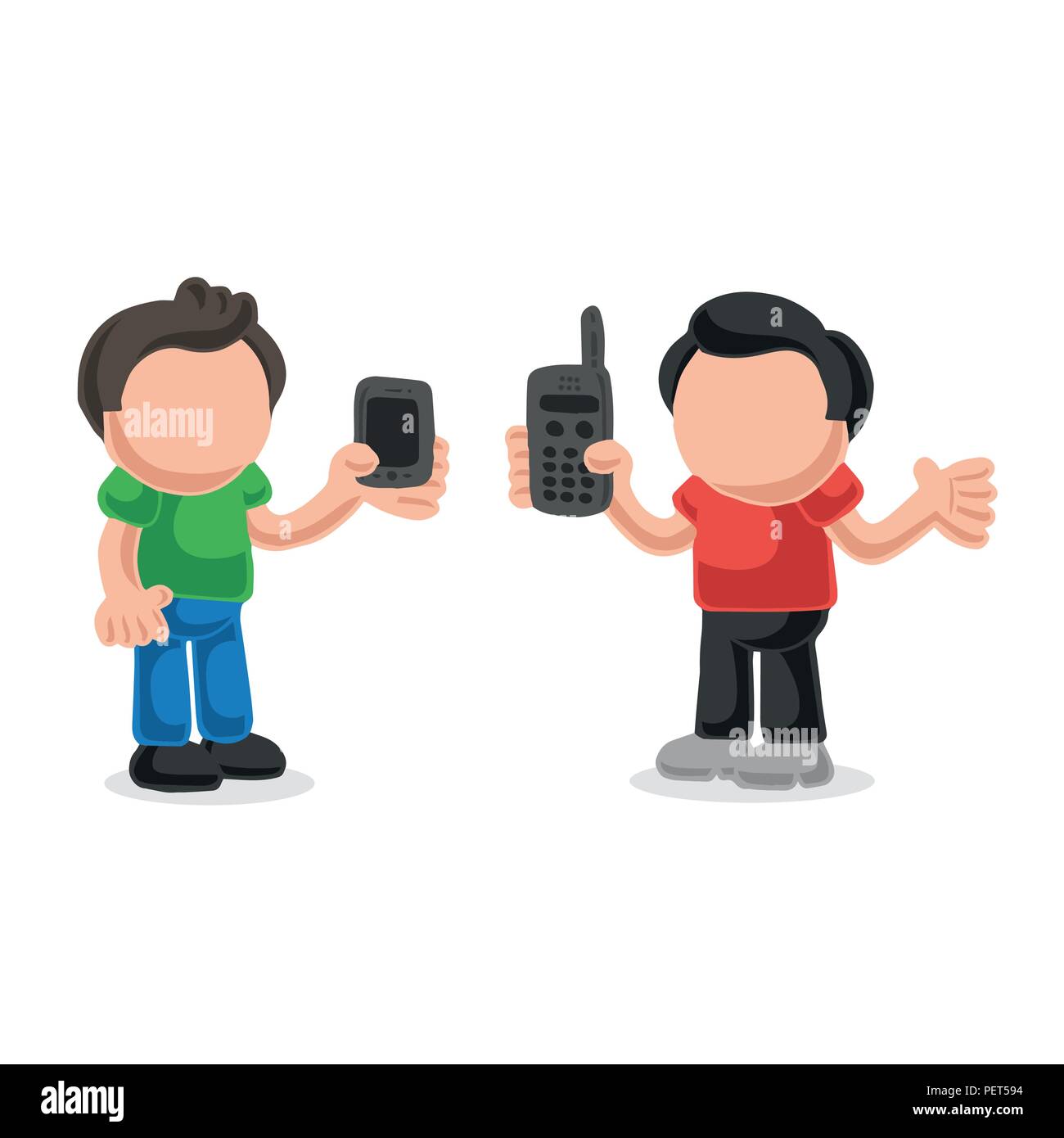 Vector hand-drawn cartoon illustration of two men show their new and ...