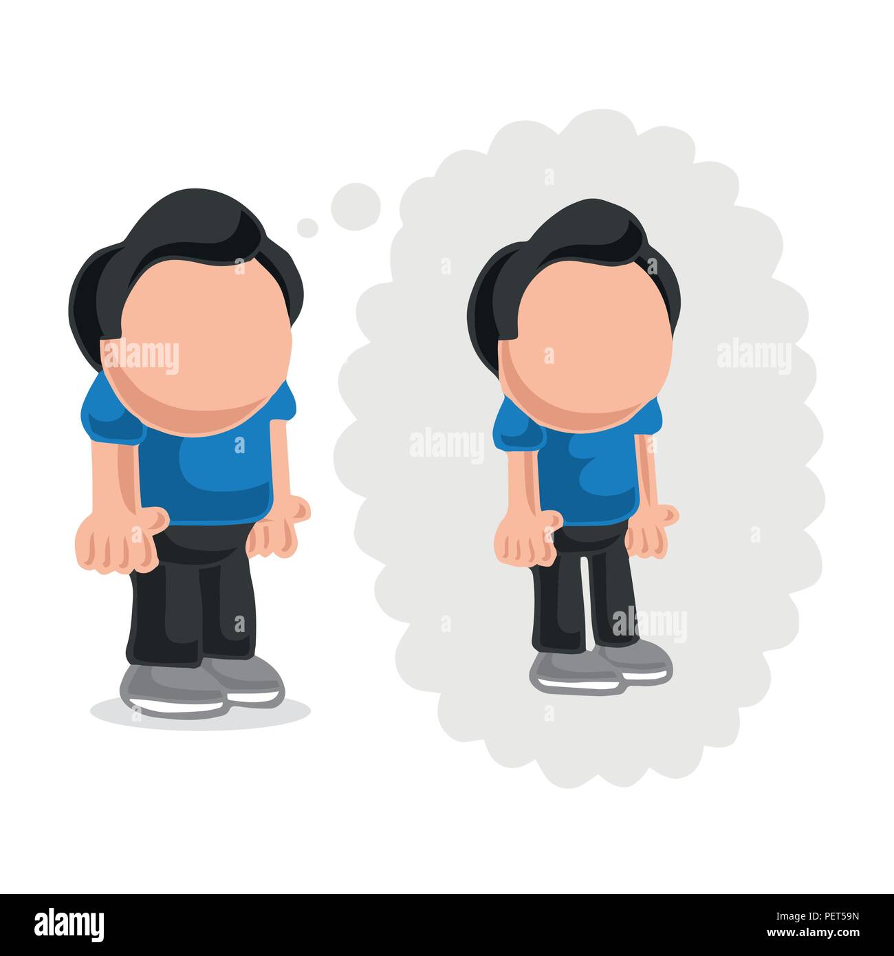 Vector hand-drawn cartoon illustration of fat man standing dreaming of ...