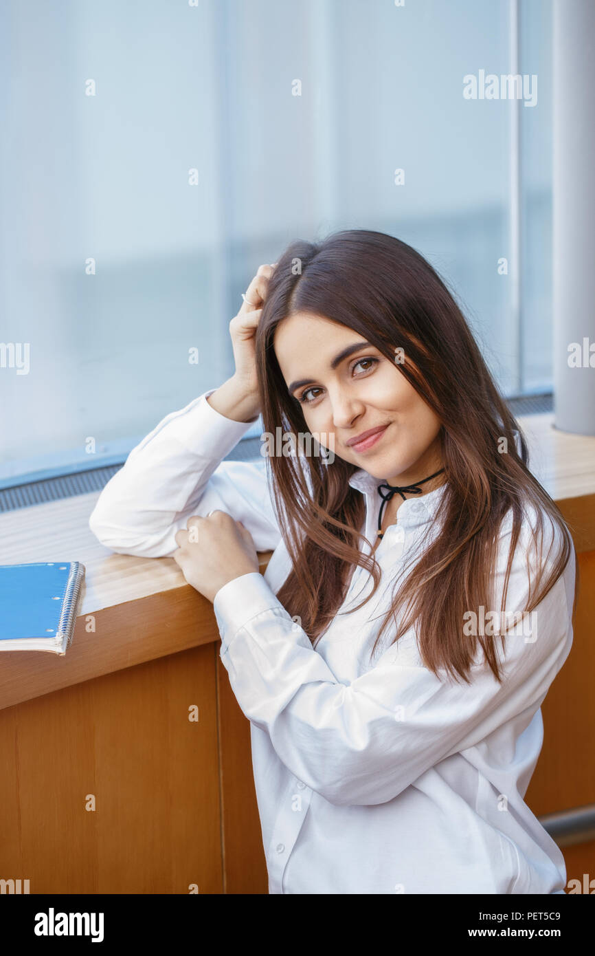 Portrait of smiling Caucasian brunette young beautiful girl woman ...
