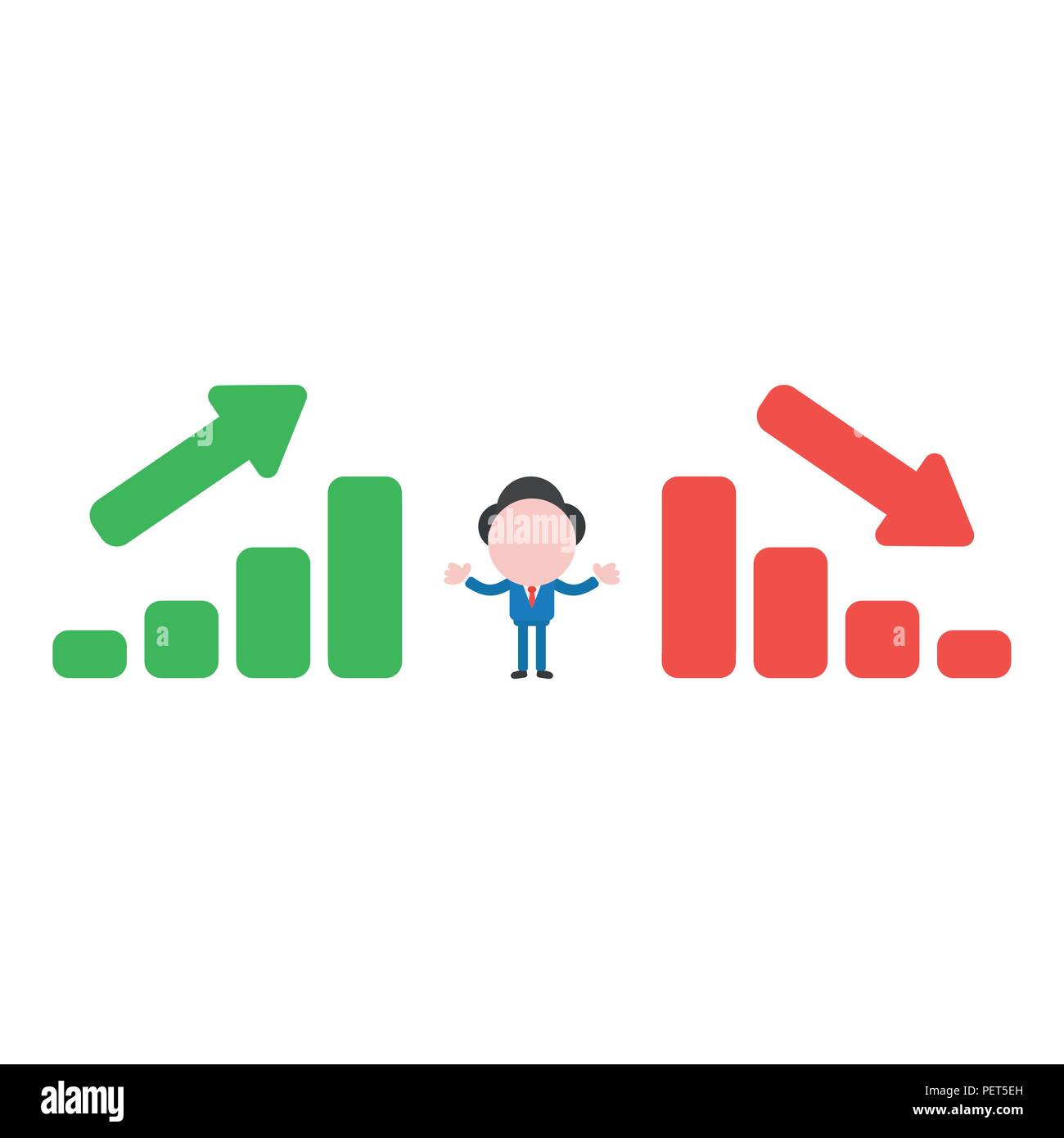 Vector illustration businessman character between sales bar charts ...