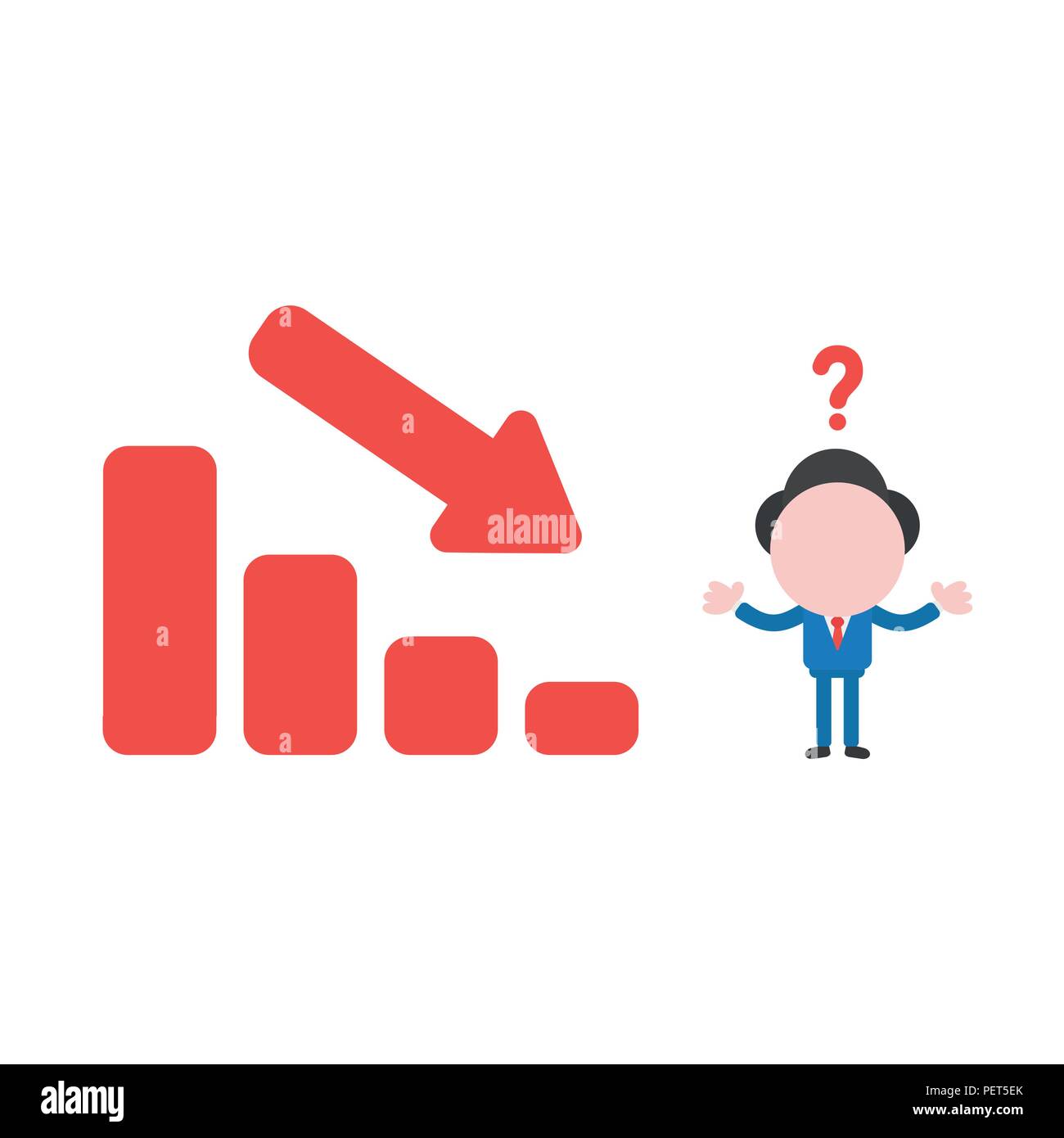 Vector illustration confused businessman character with red sales bar ...