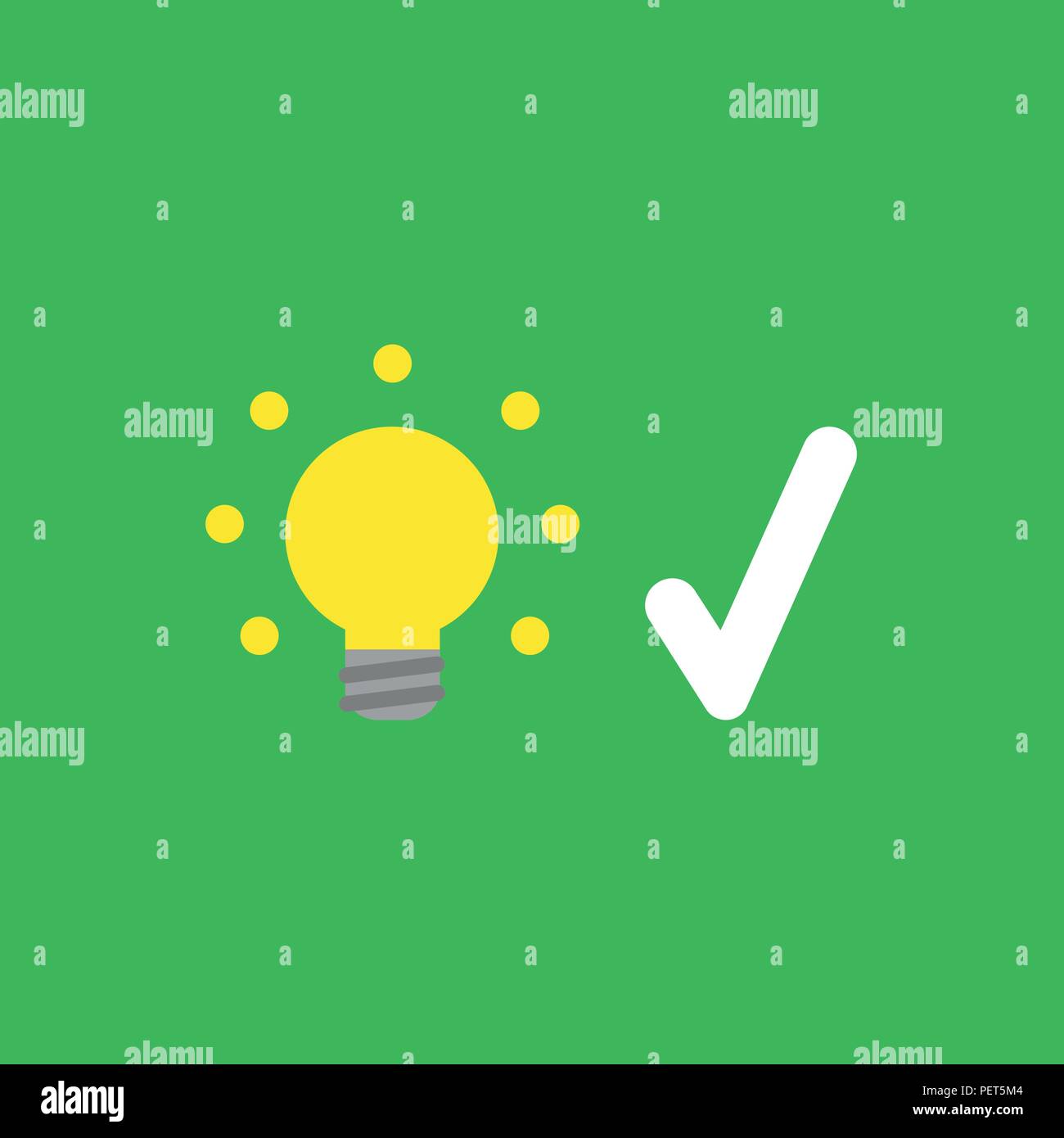 Flat vector icon concept of glowing yellow light bulb with check mark ...