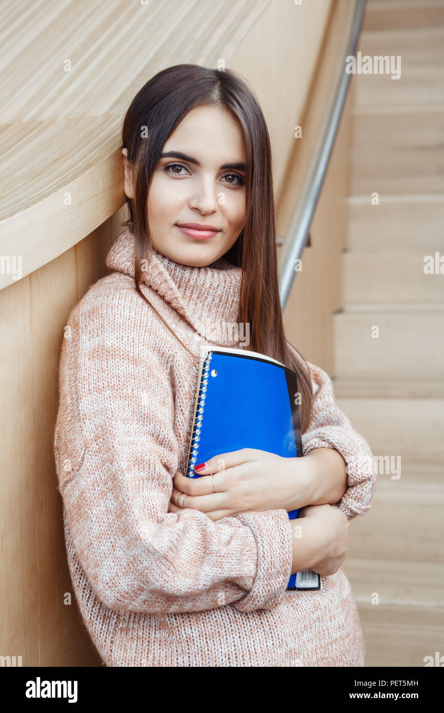 Portrait of smiling Caucasian brunette young beautiful girl woman ...
