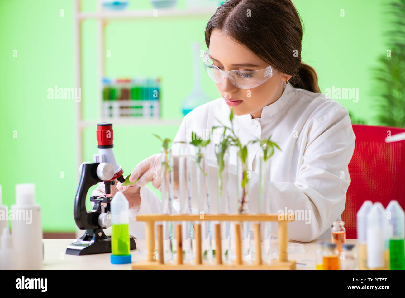 Beautiful female biotechnology scientist chemist working in lab Stock ...