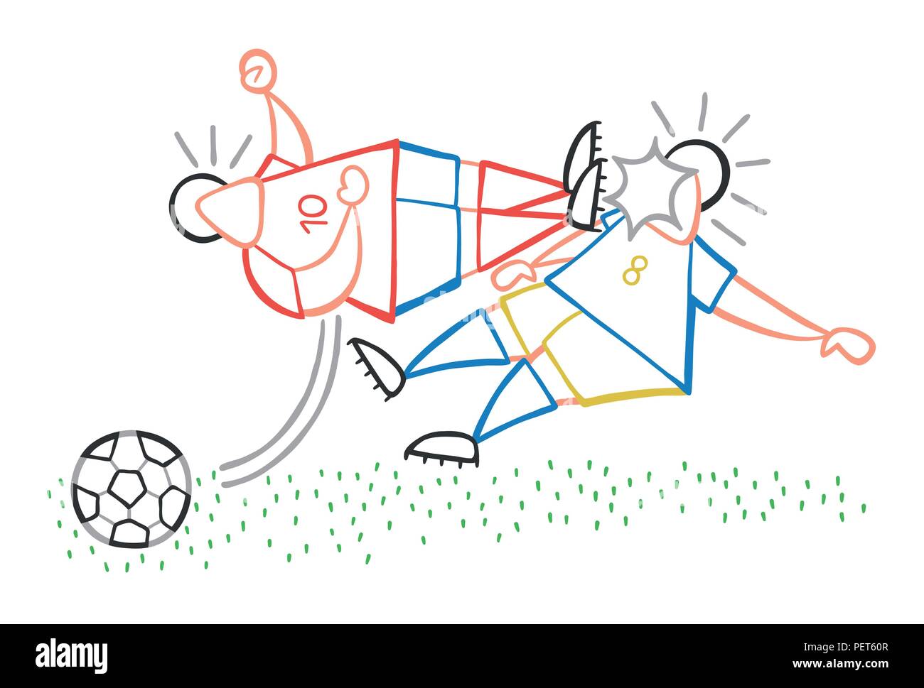 Vector illustration cartoon aggressive soccer player man flying kick to ...