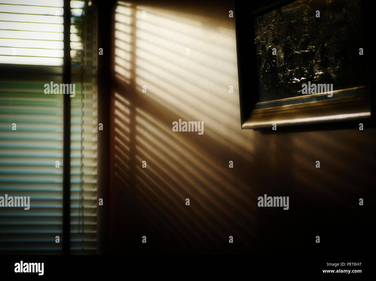Contrasty shadows and light through blinds at sunset Stock Photo - Alamy
