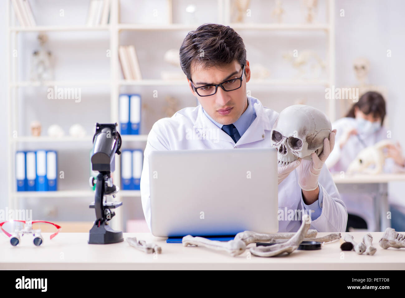 Professor studying human skeleton in lab Stock Photo - Alamy
