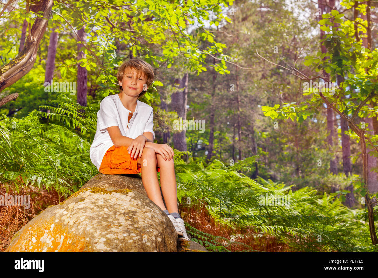 Portrait of school age boy sit on the rock in the forest during hike ...