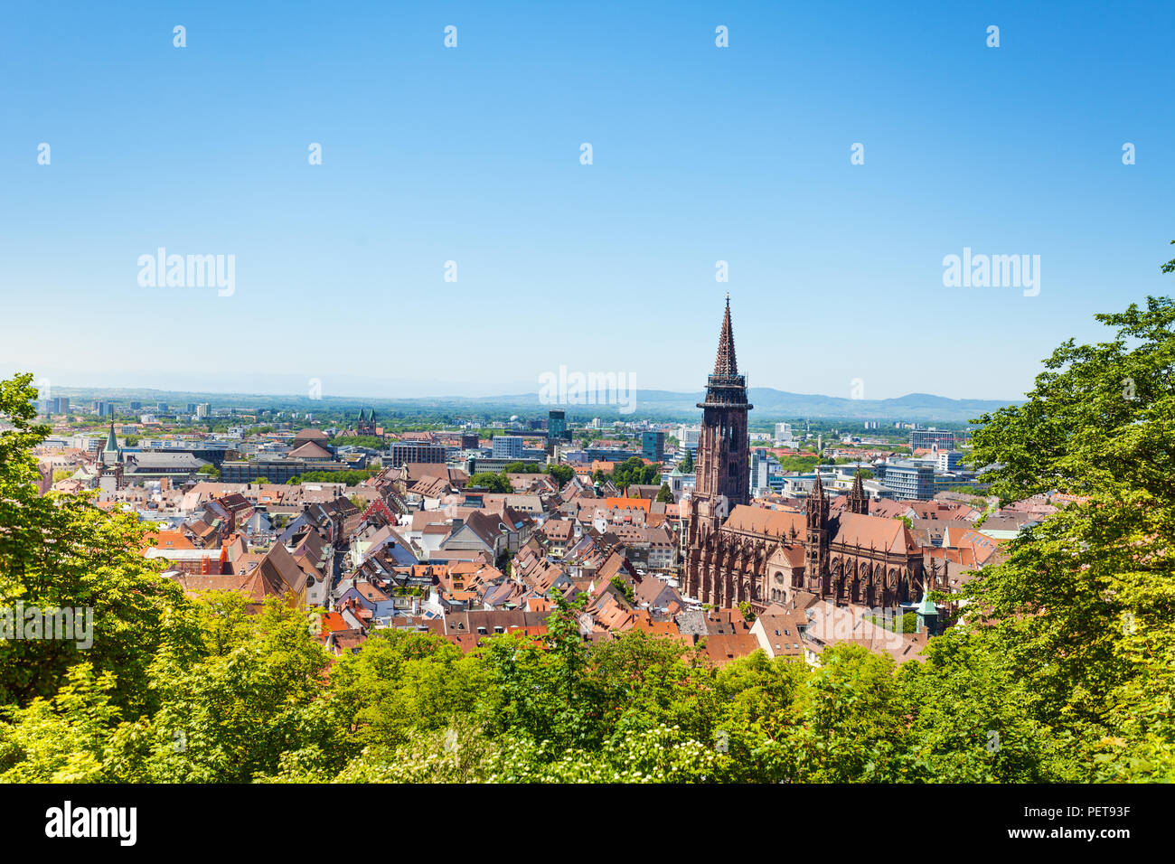 Freiburg im Breisgau cityscape with Munster towers against blue sky ...