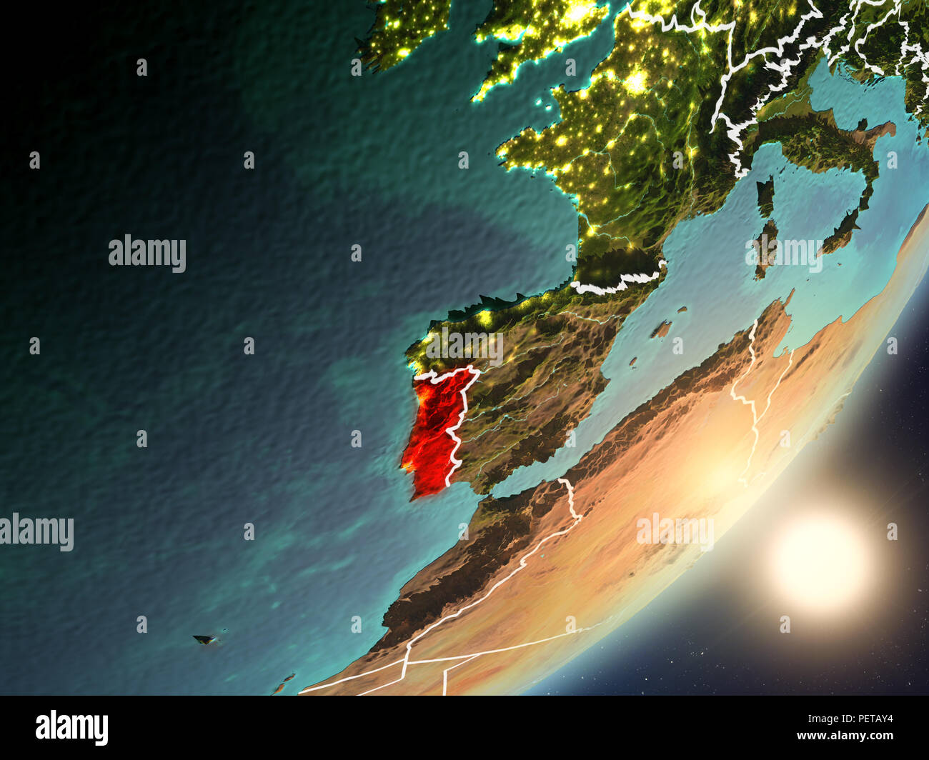 Portugal from space with highly detailed surface textures and visible ...