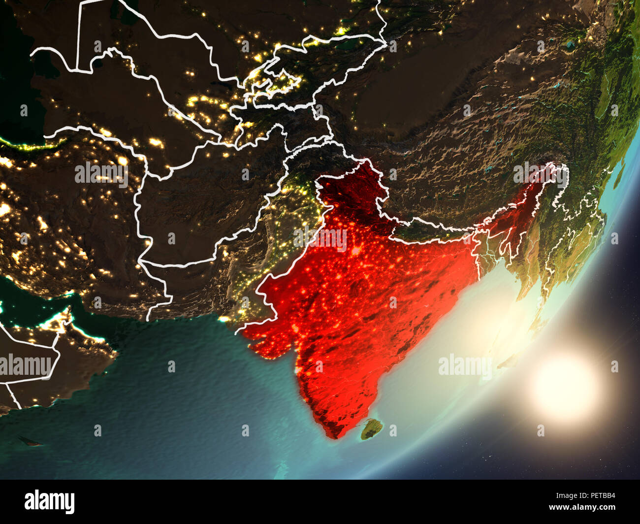 India from space with highly detailed surface textures and visible ...