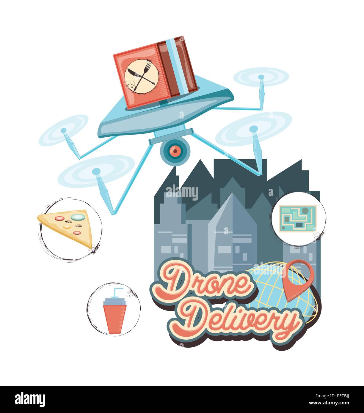 drone delivery service with box and cityscape vector illustration ...
