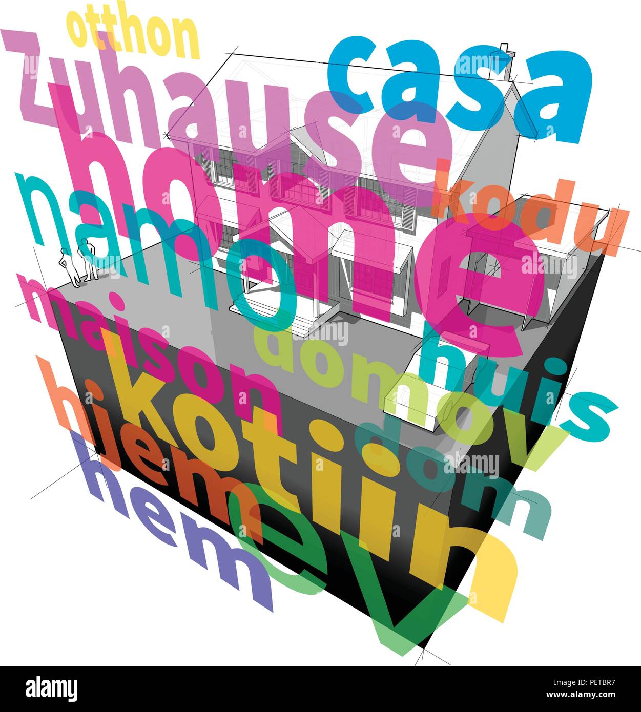 classic colonial house and word home in many languages diagram Stock ...