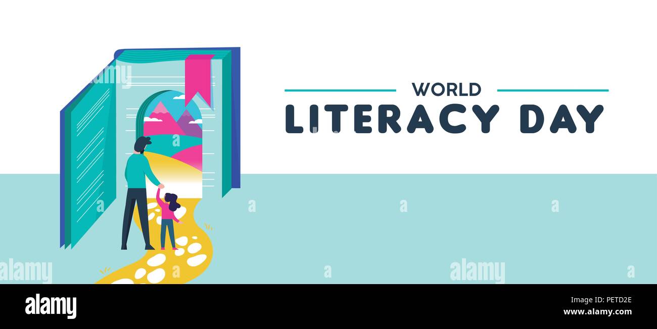 Happy Literacy Day web banner illustration of girl entering book door ...