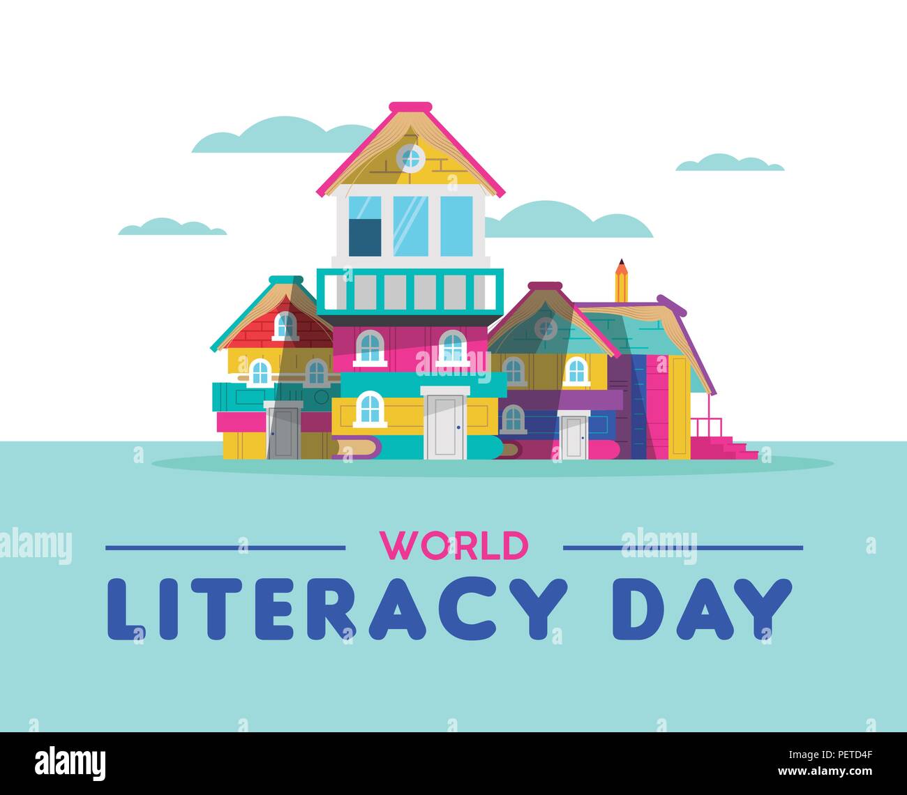 Literacy Day greeting card illustration, houses made of books ...