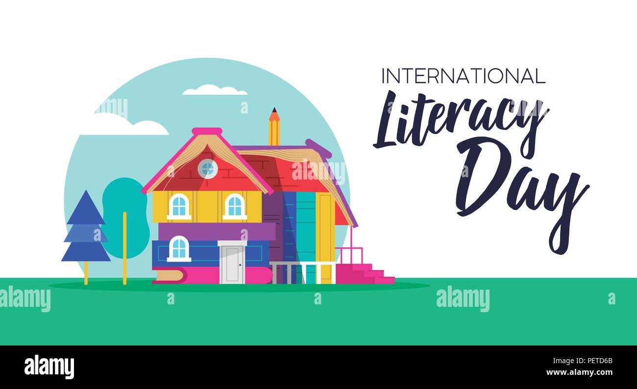 Literacy Day illustration, house made of books. Education design for ...
