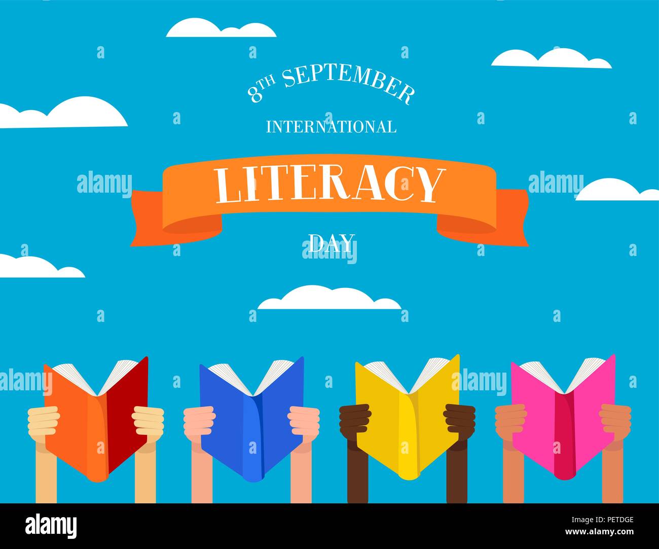 International Literacy Day illustration of children hands with ...
