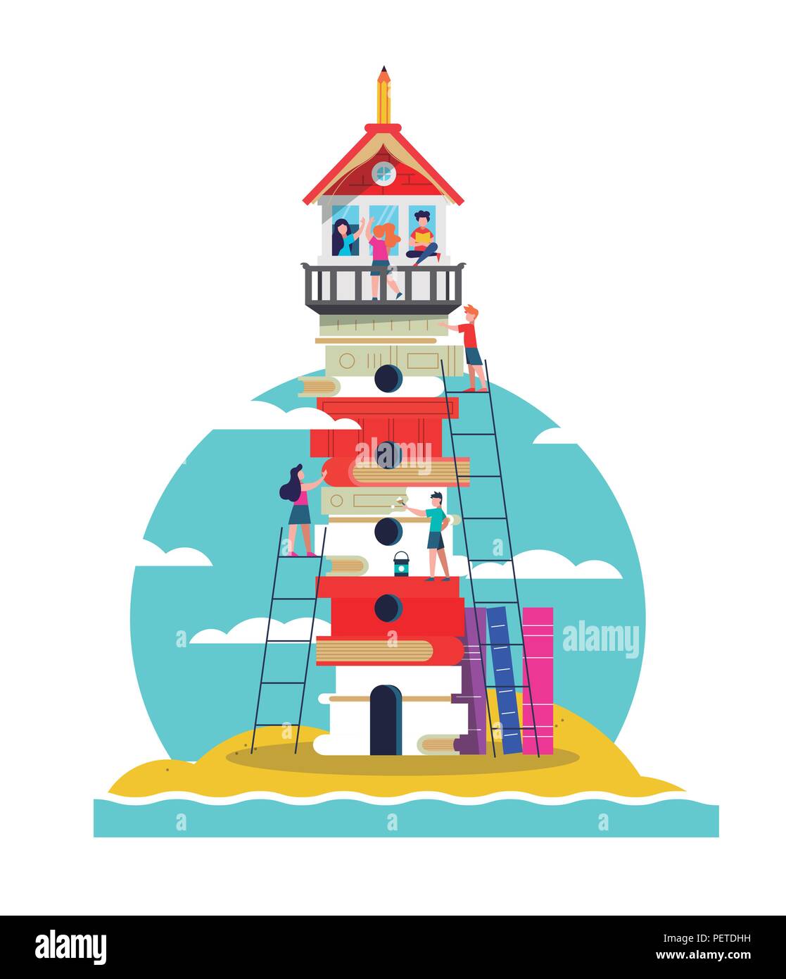 Beach lighthouse tower made of children books on isolated white ...