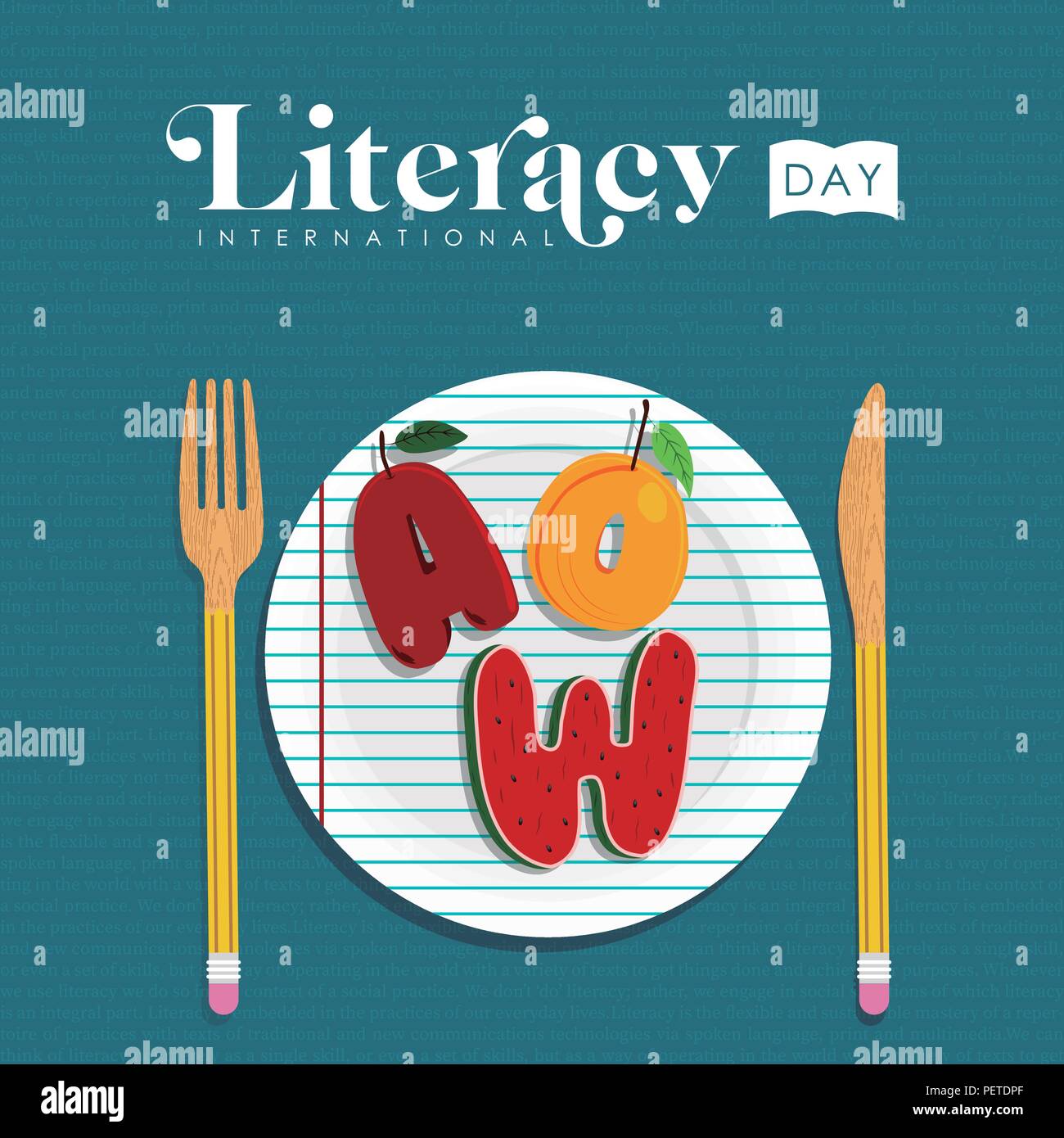 Literacy Day illustration, fruit food made of alphabet letters. World ...