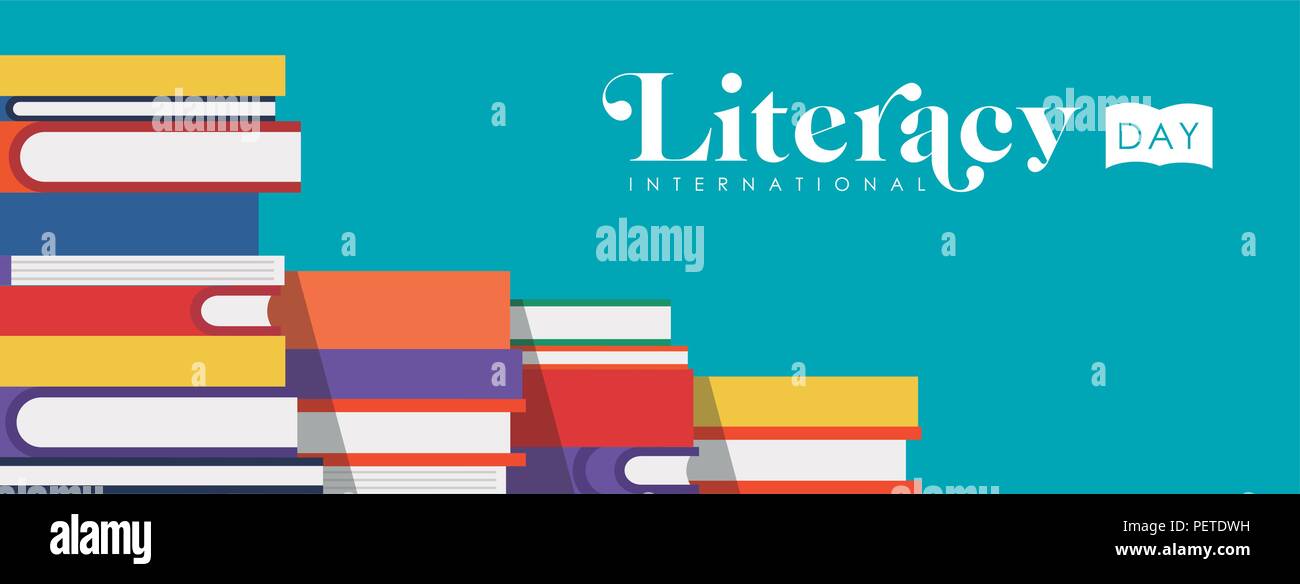 World Literacy Day web banner illustration of colorful school books for ...