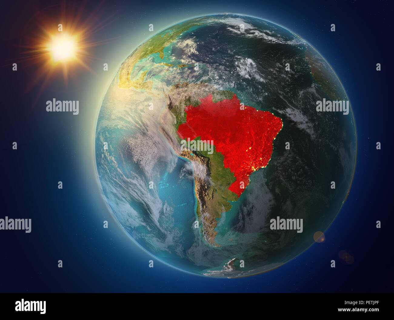 Sunset above Brazil highlighted in red on planet Earth with atmosphere ...