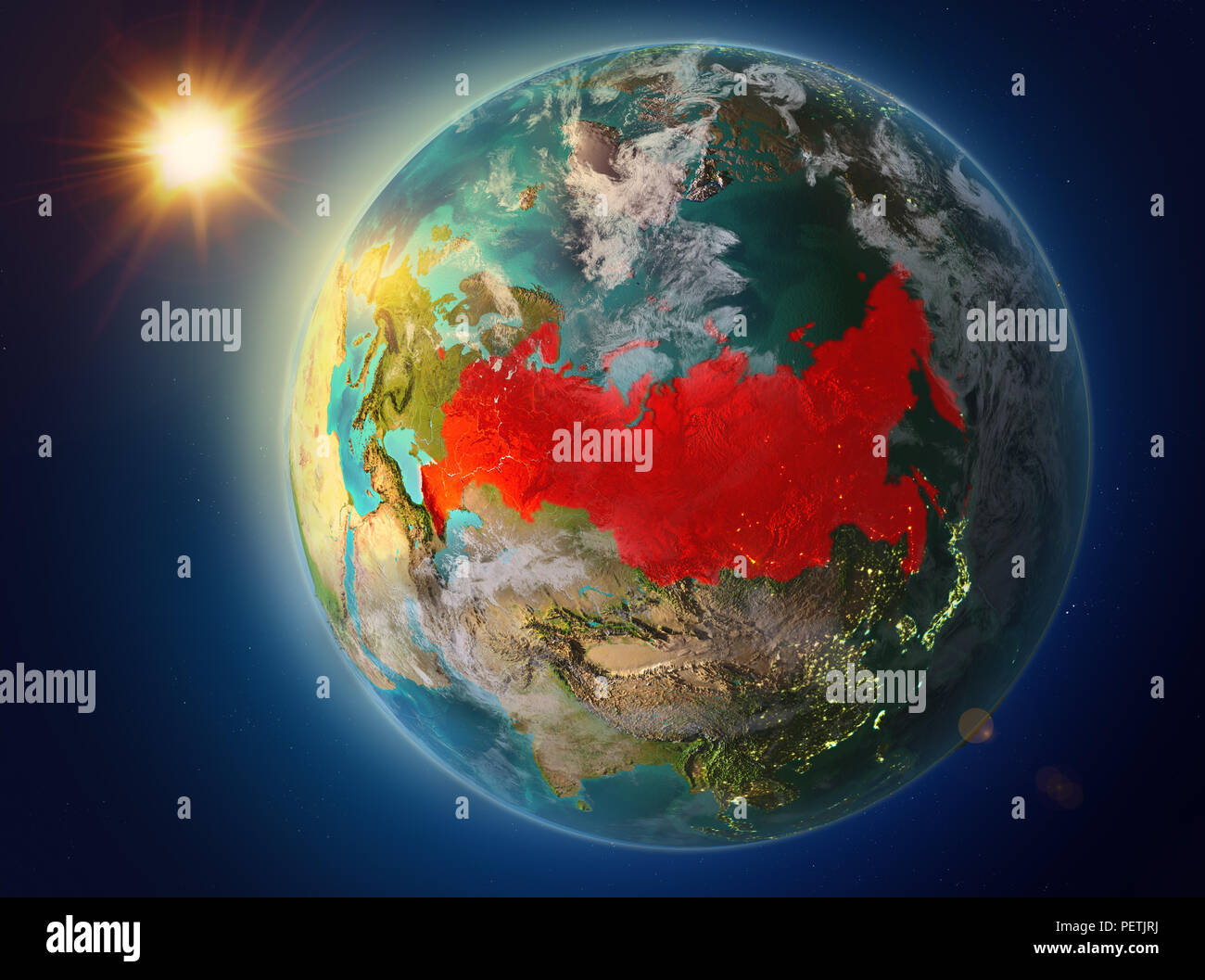 Sunset above Russia highlighted in red on planet Earth with atmosphere ...