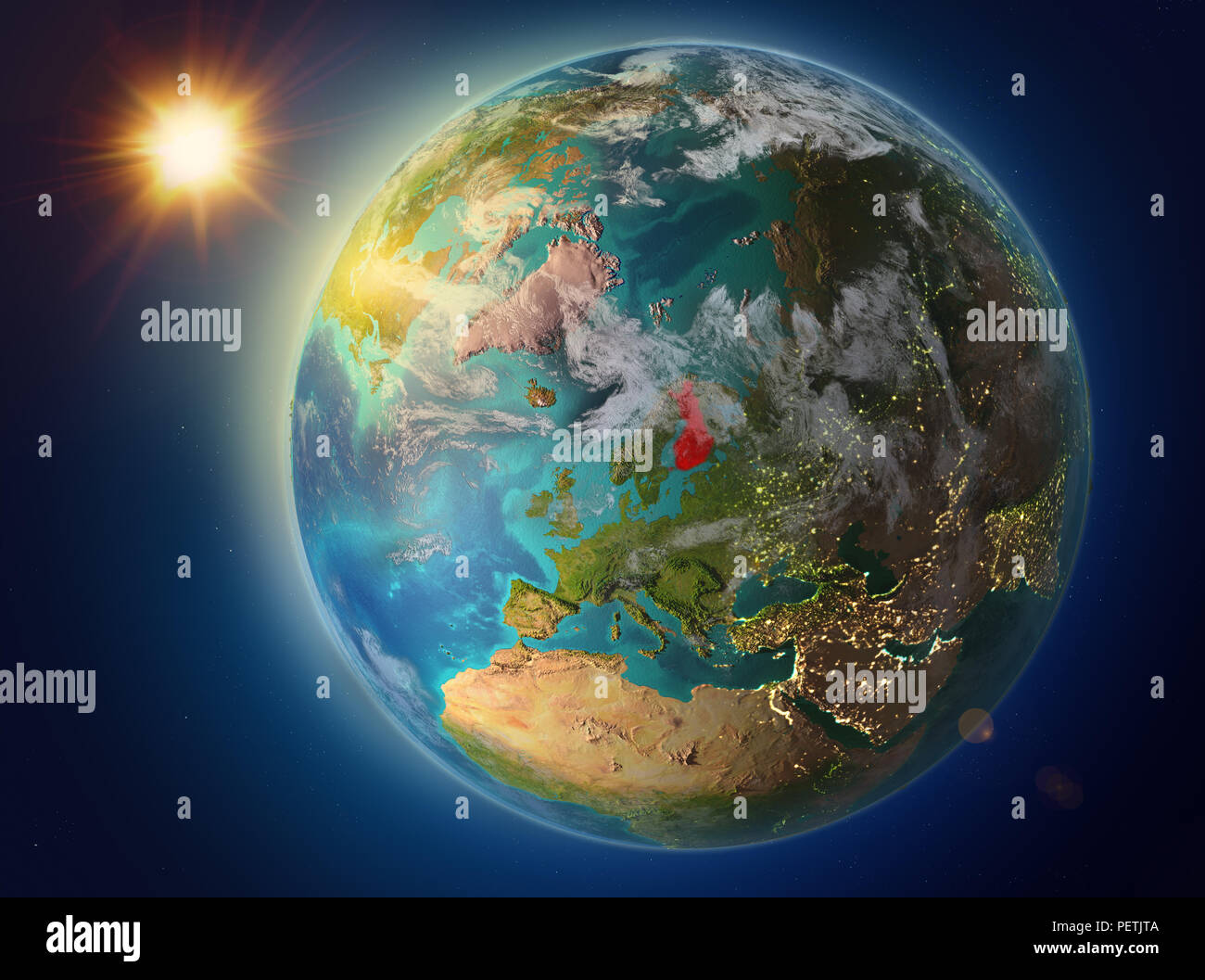 Sunset above Finland highlighted in red on planet Earth with atmosphere ...