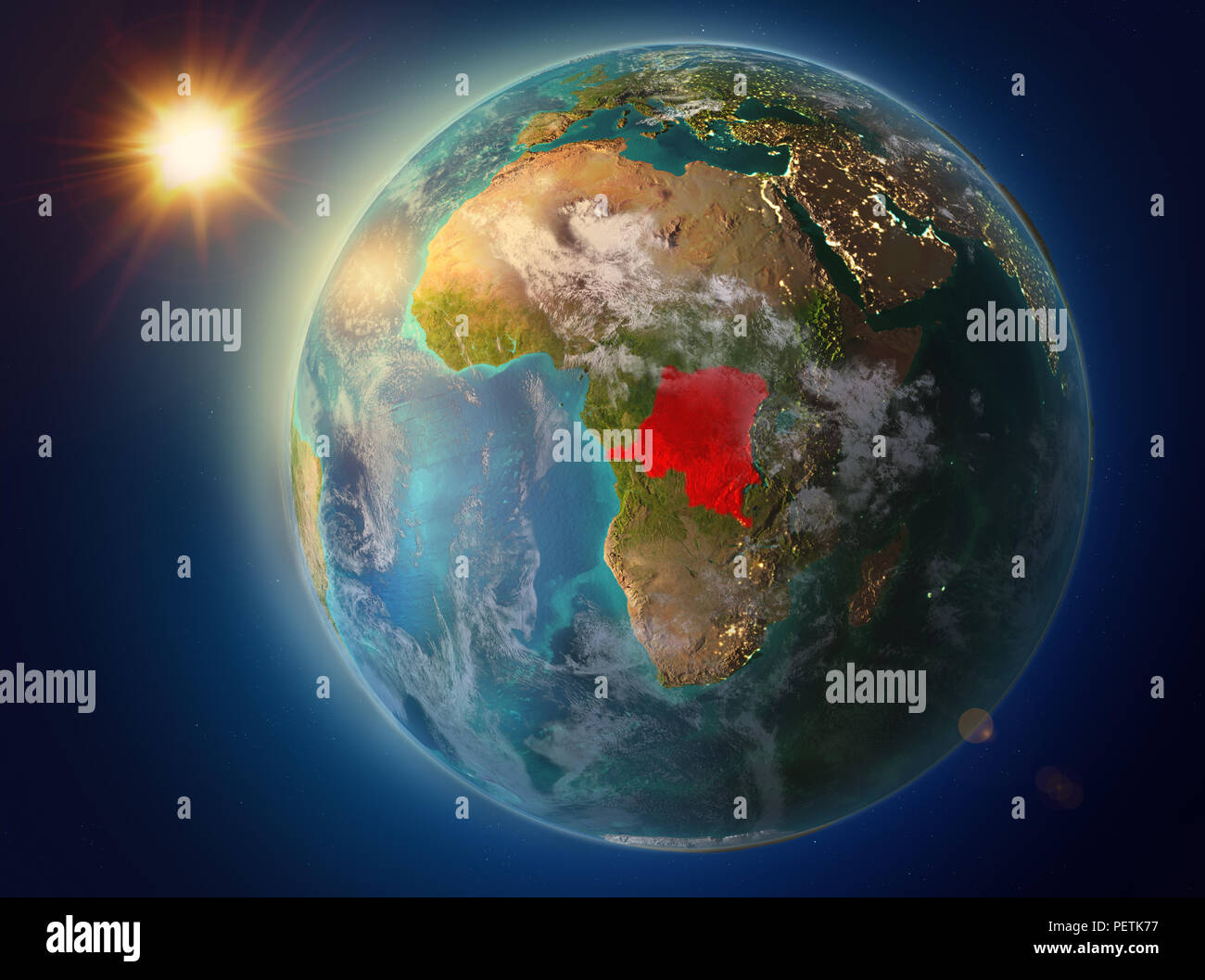 Sunset above Democratic Republic of Congo highlighted in red on planet ...